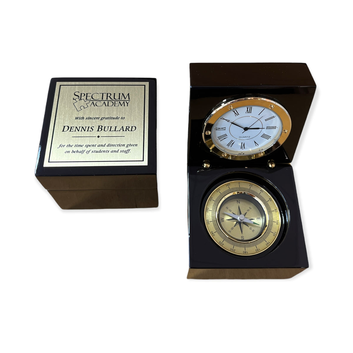 Black Compass & Clock In Box | Engraved Clock | Personalized Compass